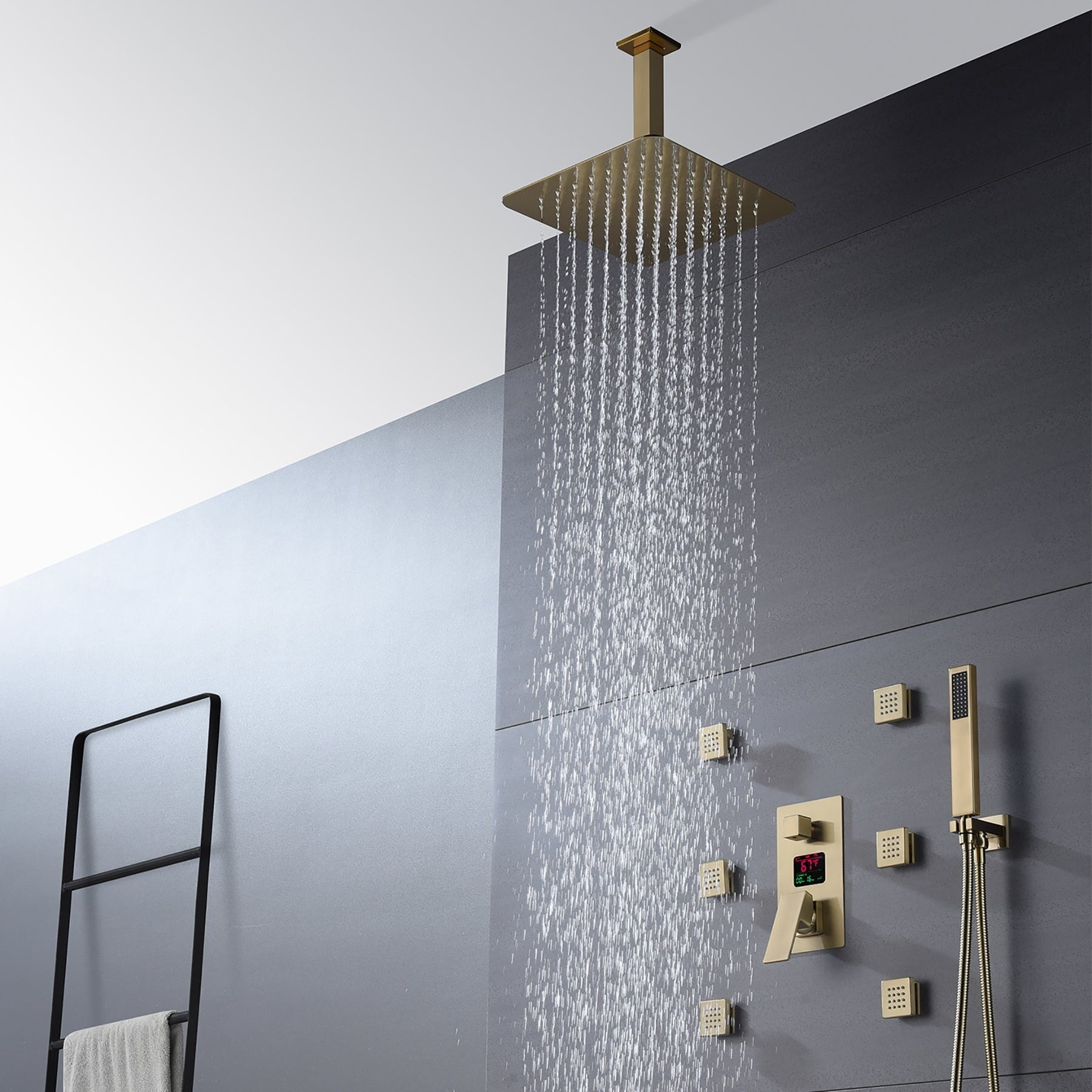 Grolta Brushed Gold Ceiling Mount 12 Inch Rainfall 3 Way Digital