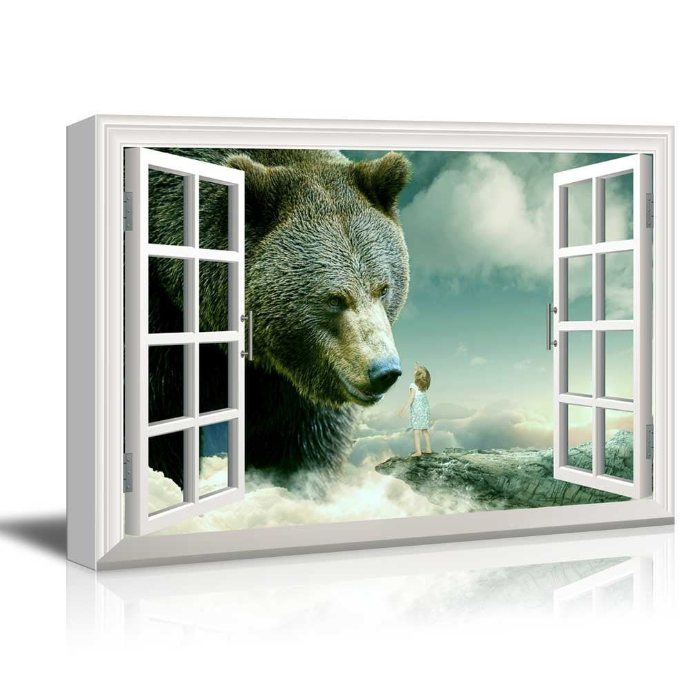 Window View Mystical Style Gigantic Bear with Little Girl Gallery 12x18 ...