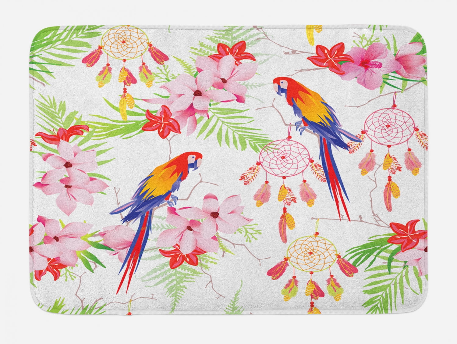 Parrot Bath Mat, Forest with Parrots and Native Ethnic Dreamcatchers ...
