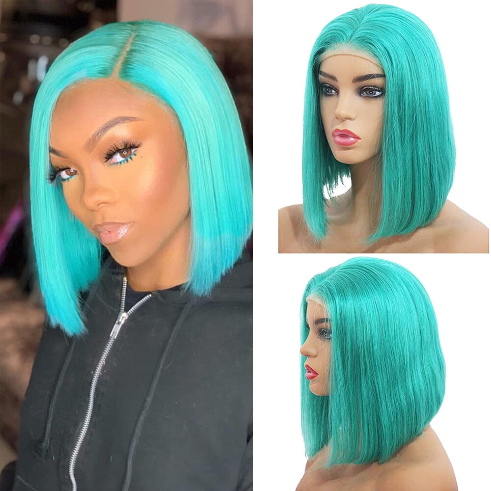 Lake Blue Bob Wig Human Hair 13x4 Lace Front Wigs 150% Density Glueless ...
