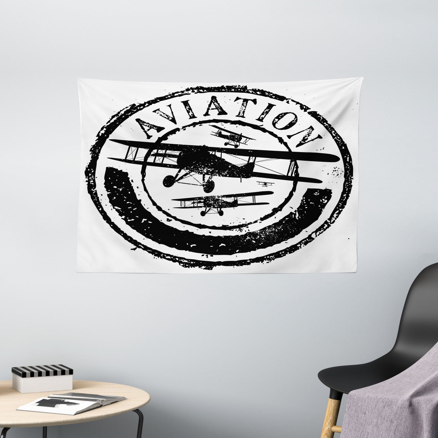 Vintage Airplane Decor Tapestry, Grunge Stamp Design with Word Aviation ...