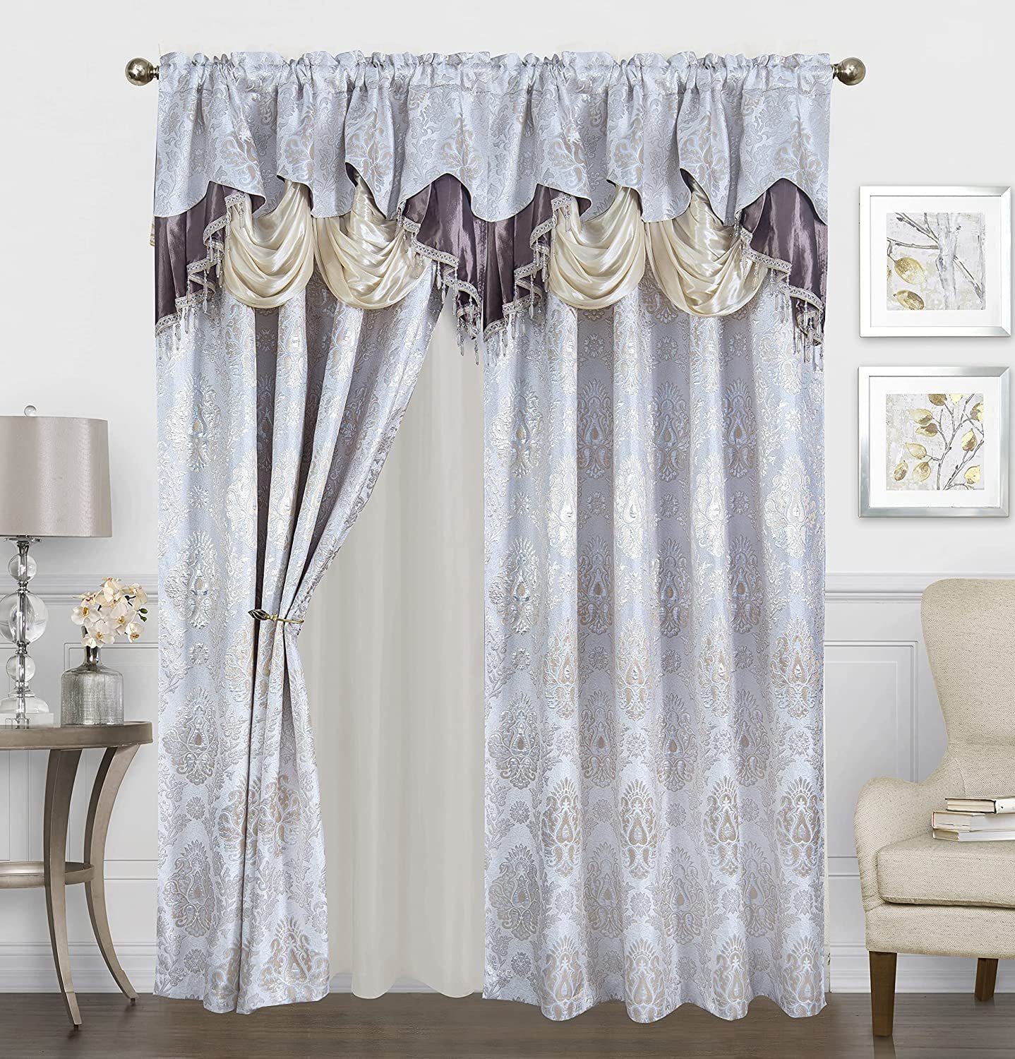 Sapphire Home Shiny Jacquard Curtain Drape Set 2 Panels 63-Inch Long ...
