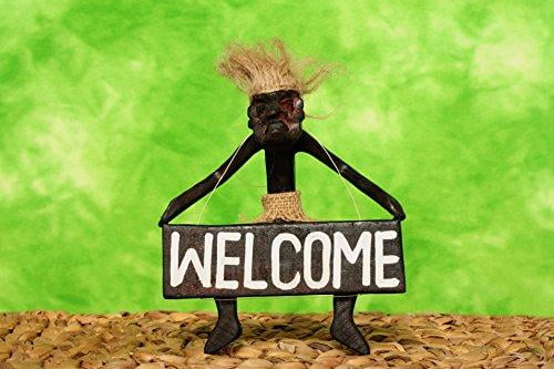 Wooden Handmade Primitive Tribal Statue Holding Welcome Sign Wall ...