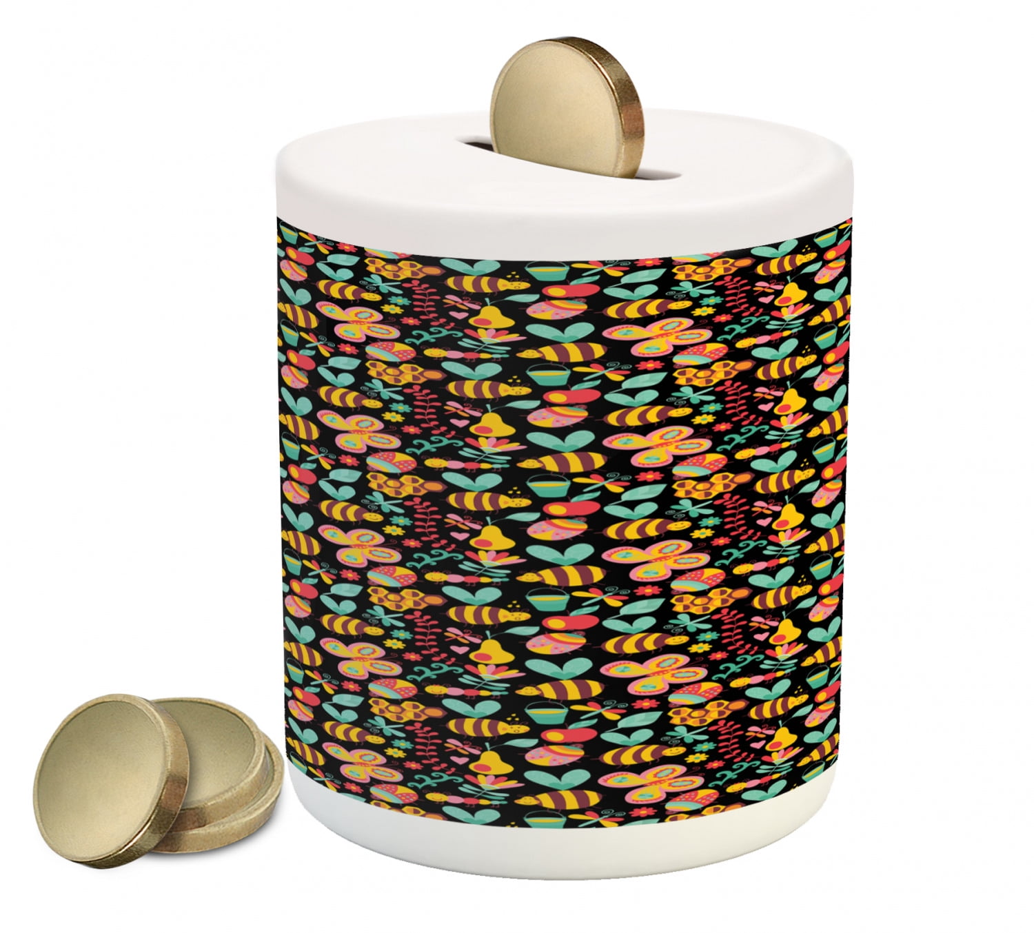 Bee Piggy Bank, Graphic Summer Composition with Honeycomb Bees Flowers ...