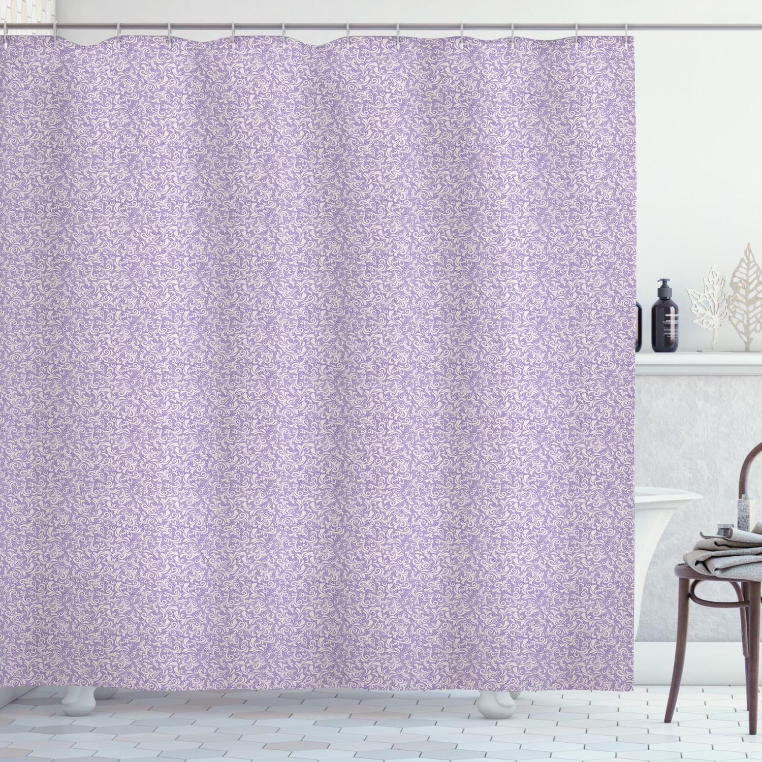 Floral Shower Curtain, Scroll Style Ornament with Curly Leaves and ...