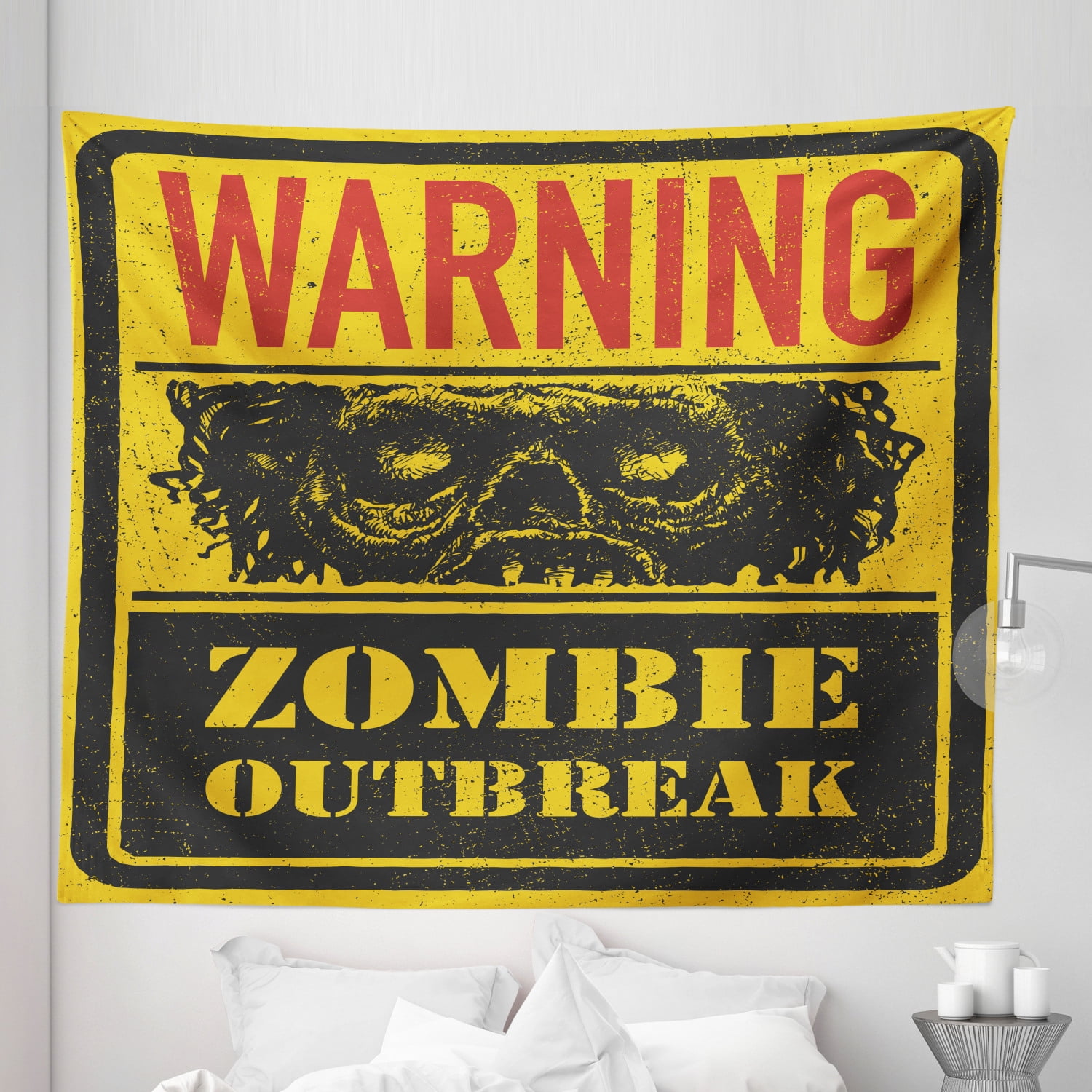 Zombie Tapestry, Retro Warning Outbreak Horror Monster Sign in Vintage ...