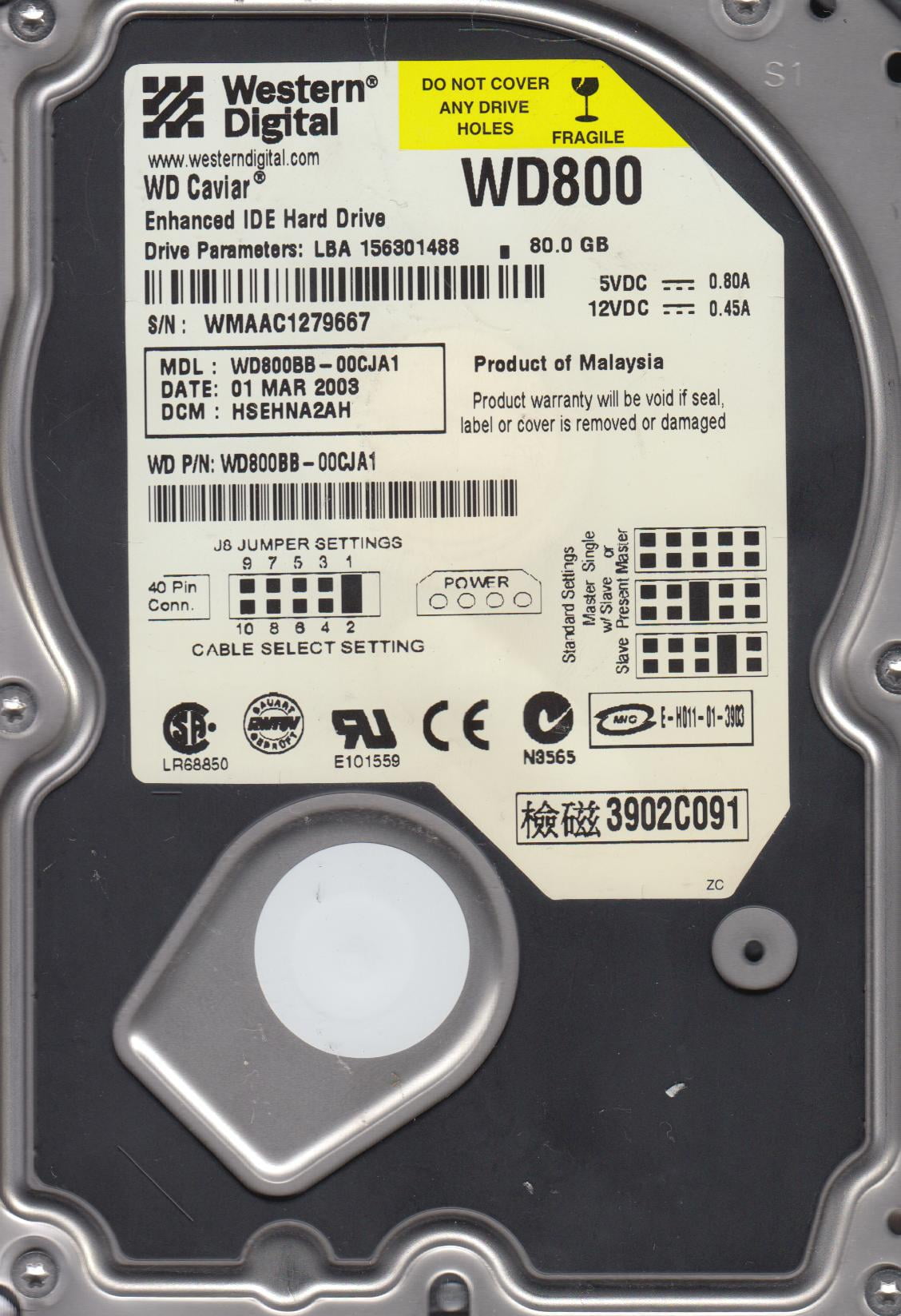 WD800BB-00CJA1, DCM HSEHNA2AH, Western Digital 80GB IDE 3.5 Hard Drive ...