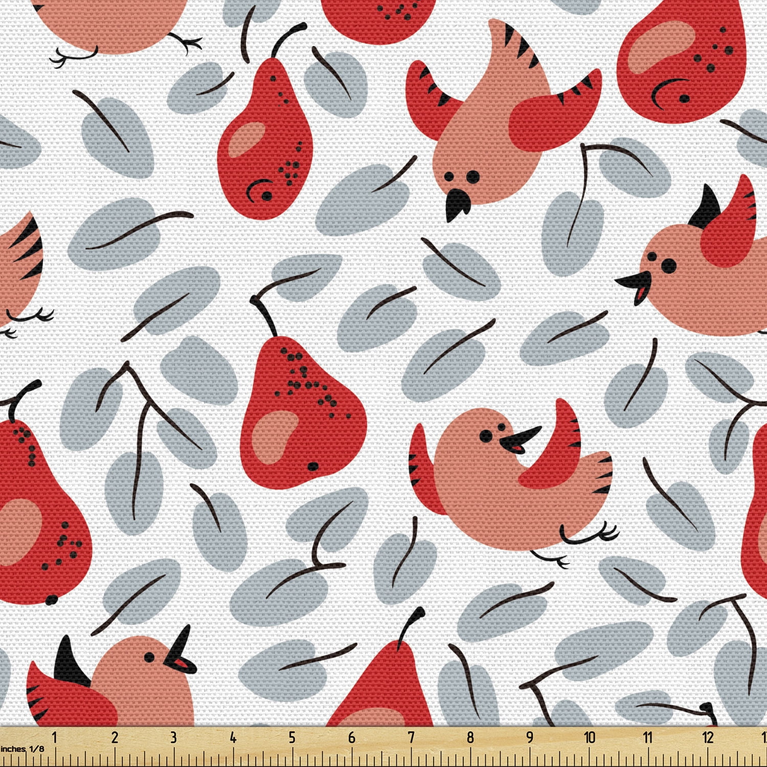 Cartoon Fabric by the Yard, Pattern with Leaves Happy Birds and Pears ...
