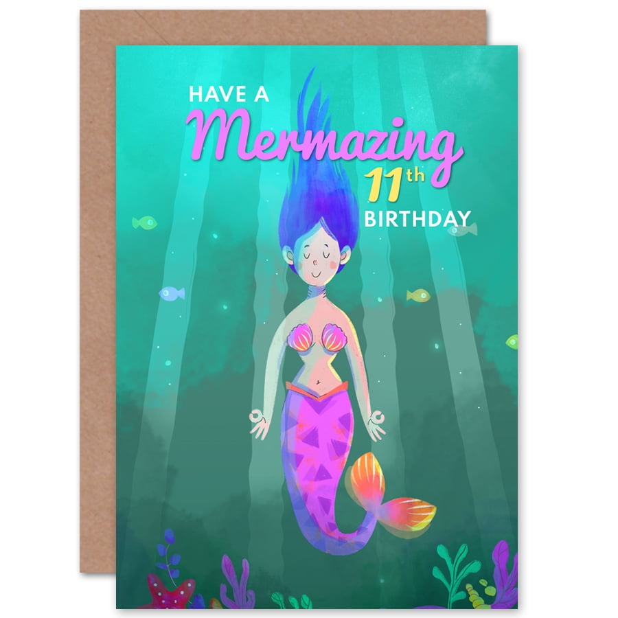 Mermaid Pink Mermazing 11th Birthday Greetings Card Plus Envelope Blank ...