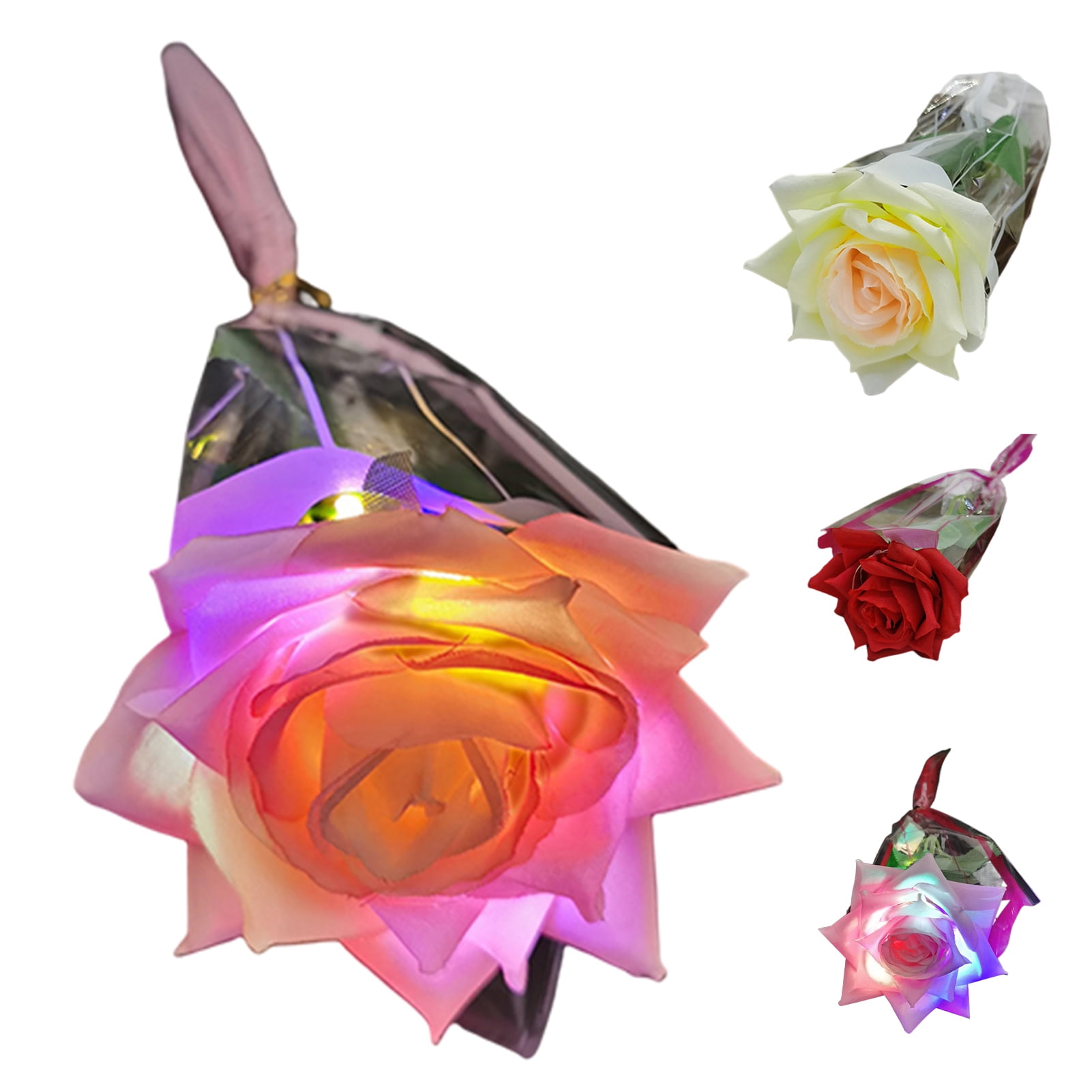 4Pcs Rose Flowers LED Lighted Artificial Silk Rose Flower Bouquet for Valentine's Day, Mother's ...