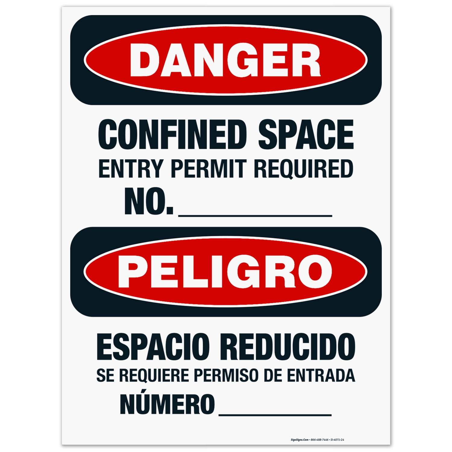 Confined Space Entry Permit Required Bilingual Sign, OSHA Danger Sign ...