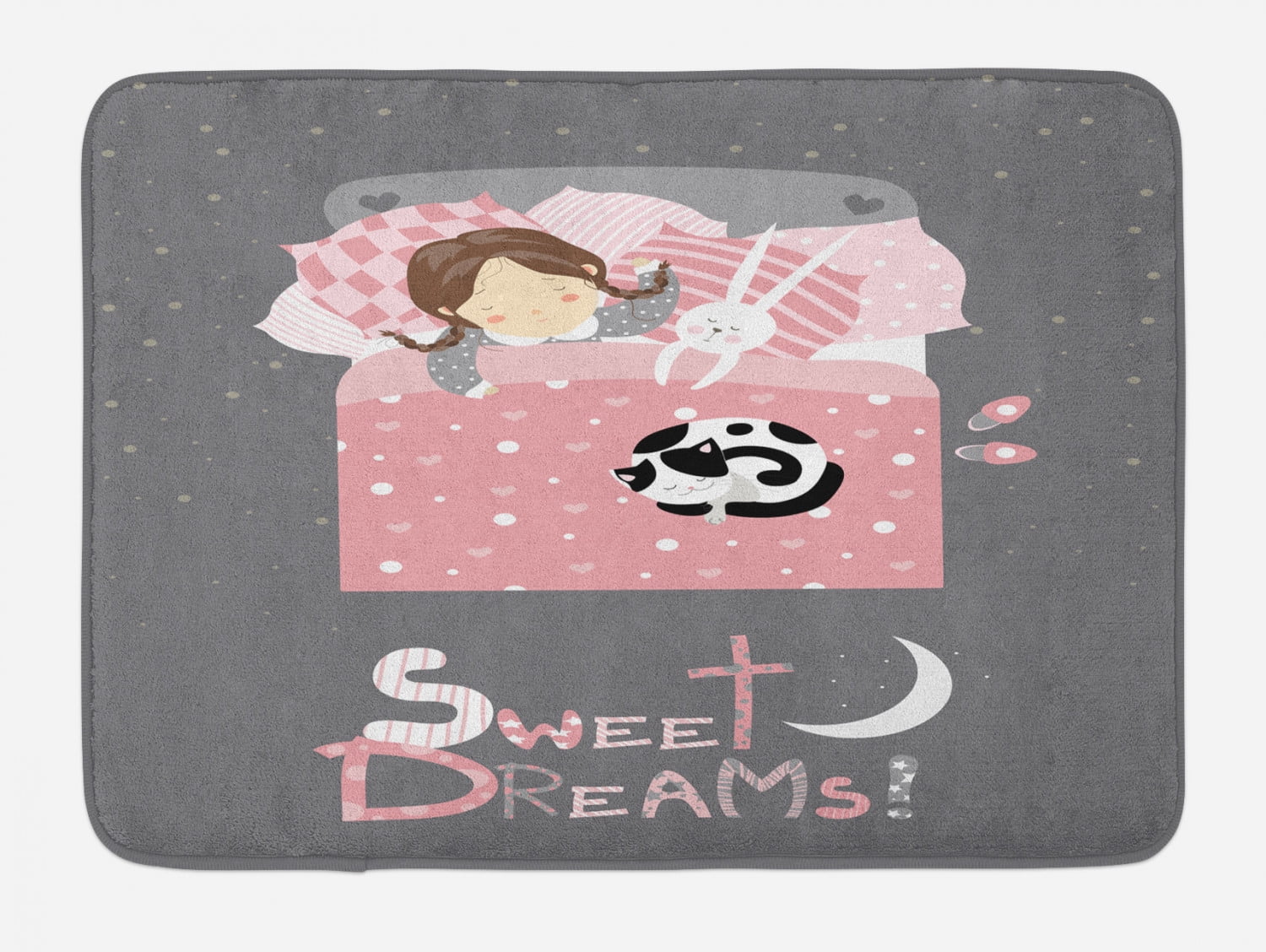 Sweet Dreams Bath Mat, Girl Sleeping with a Bunny and a Cat Cartoon ...
