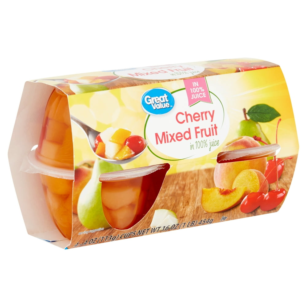 Great Value Cherry Mixed Fruit in 100% Juice, 4 Oz, 4 Count - Walmart ...