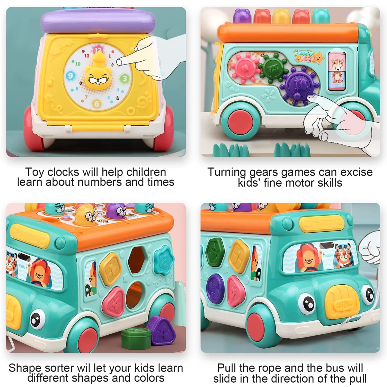 Buy Husfou Push Pull Bus Toy, Baby Musical Learning Toys with Sound and ...