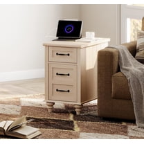 Grey Side Table with Drawer & Cabinet, Elegant End Table with Charging ...