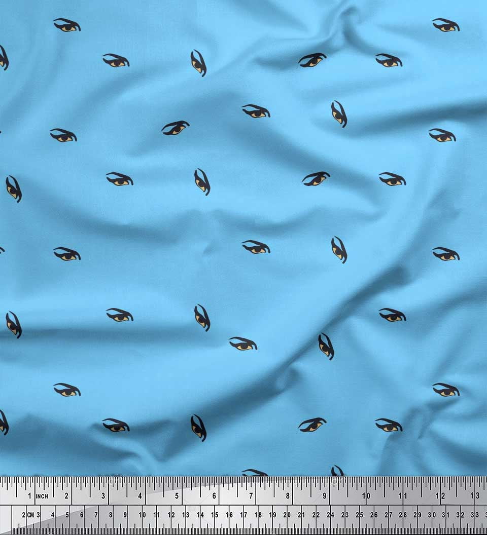 Soimoi Blue polyester Crepe Fabric Eyes Face Print Fabric by the Yard ...