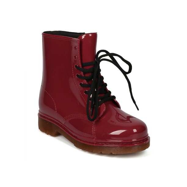 New Women Red Ruby Gum-2 PVC Lace Up Lug Sole Combat Rain Bootie ...