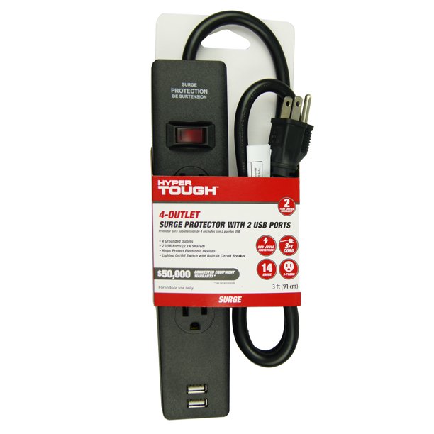 Hyper Tough 4-Outlet 3 ft. Power Cord 500-Joule Protection with USB ...