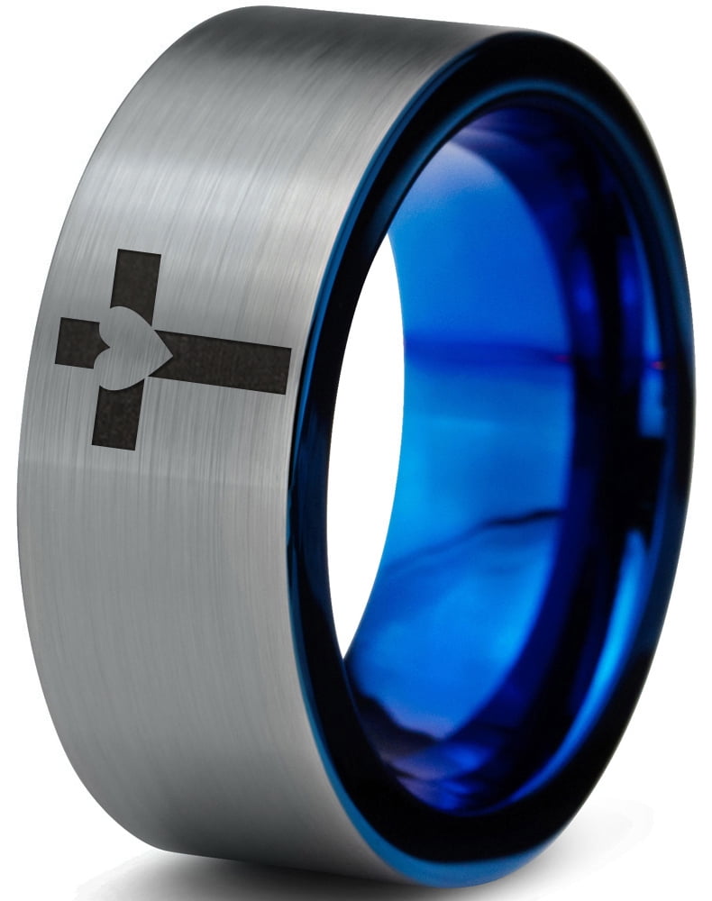 Tungsten Heart Cross Band Ring 8mm Men Women Comfort Fit Blue Flat Cut ...
