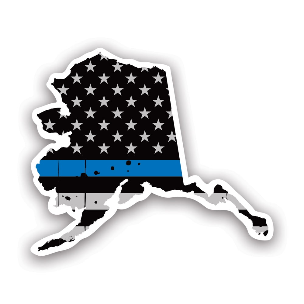 Distressed Thin Blue Line Alaska State Shaped Subdued US Flag Sticker ...