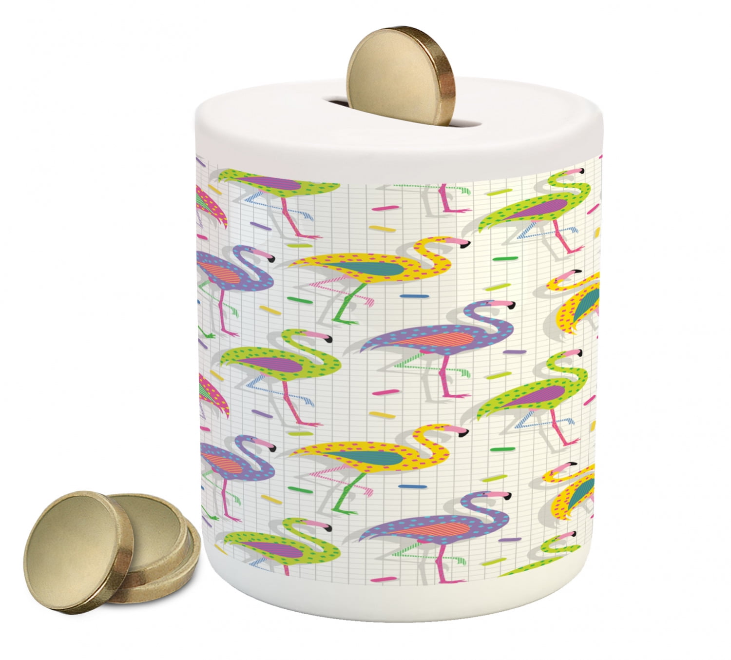 Flamingo Piggy Bank, Colorful Retro Vintage Flamingo Patterns in Polka ...