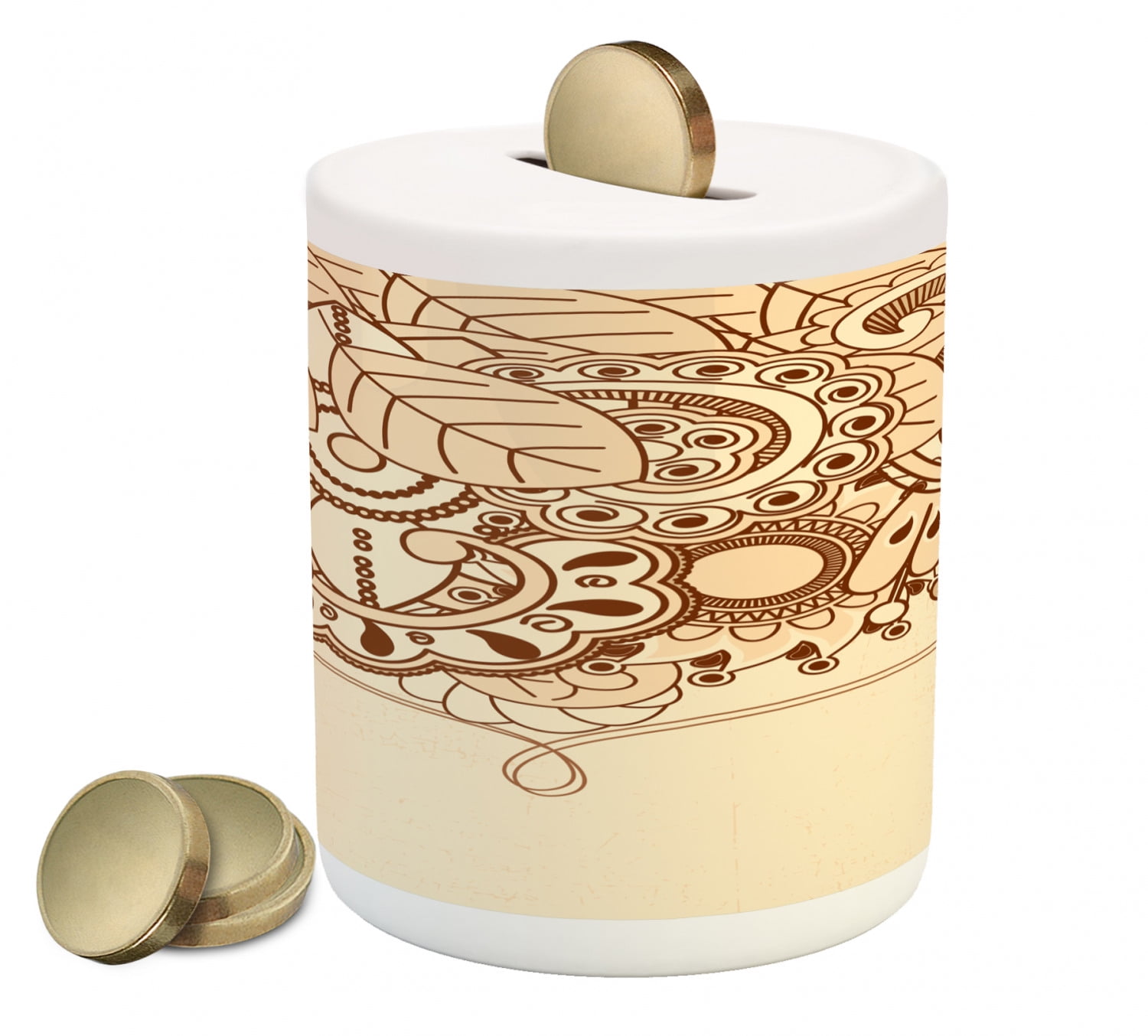 Sketchy Piggy Bank, Eastern Design with Floral Oriental Leaves Like ...