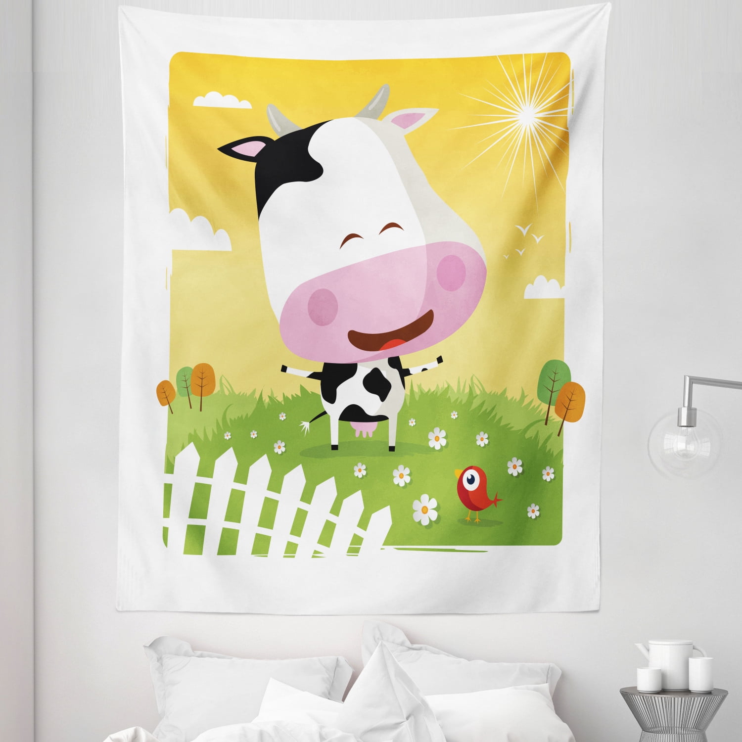 Cattle Tapestry, Happy Cartoon Cow at the Ranch Smiling in a Sunny Day ...