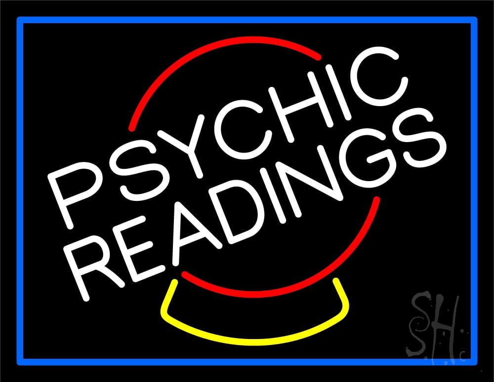 White Psychic Readings Crystal Blue Border LED Neon Sign 24" Tall x 31 ...