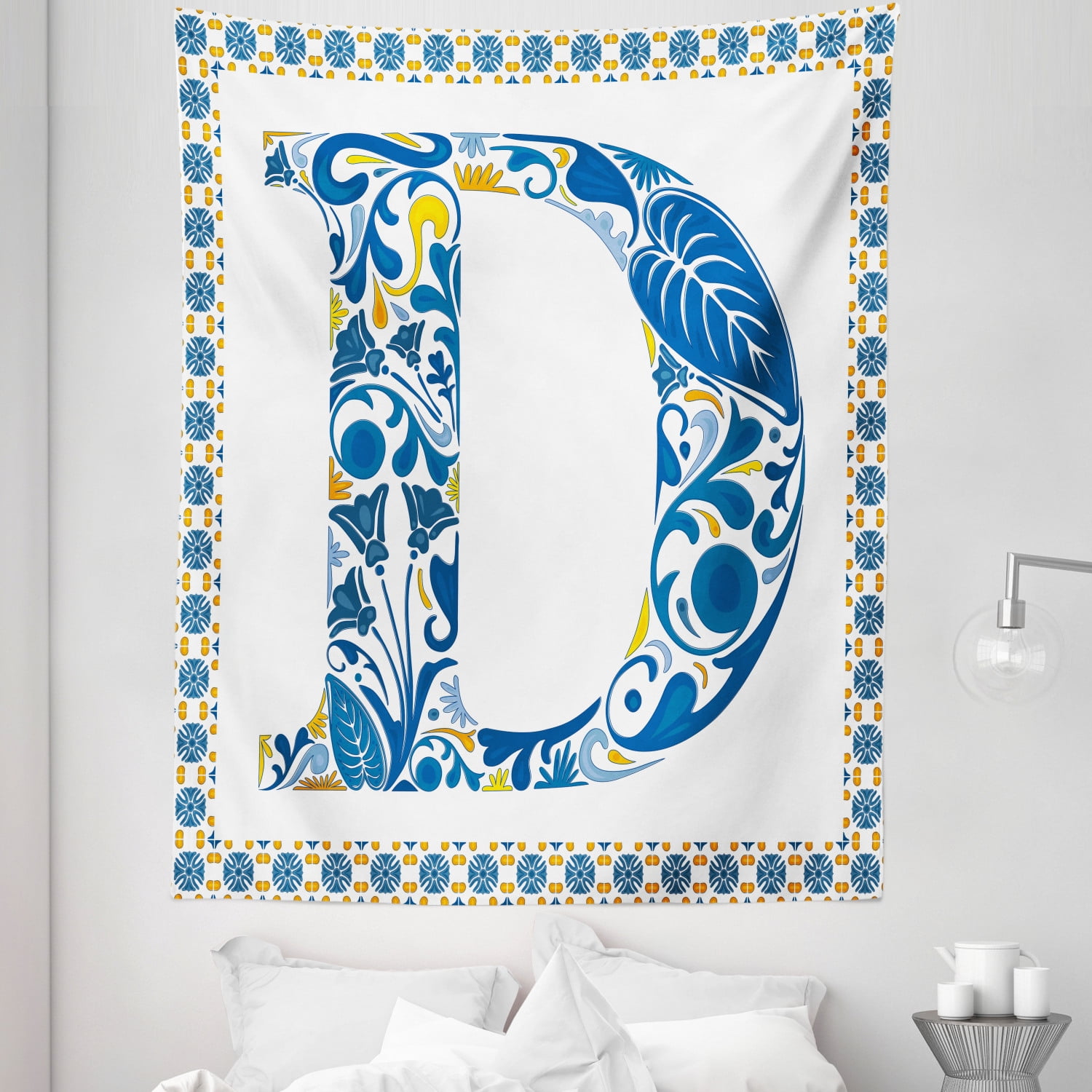 Letter D Tapestry, Vibrant Colored Swirls and Flower Elements in ...