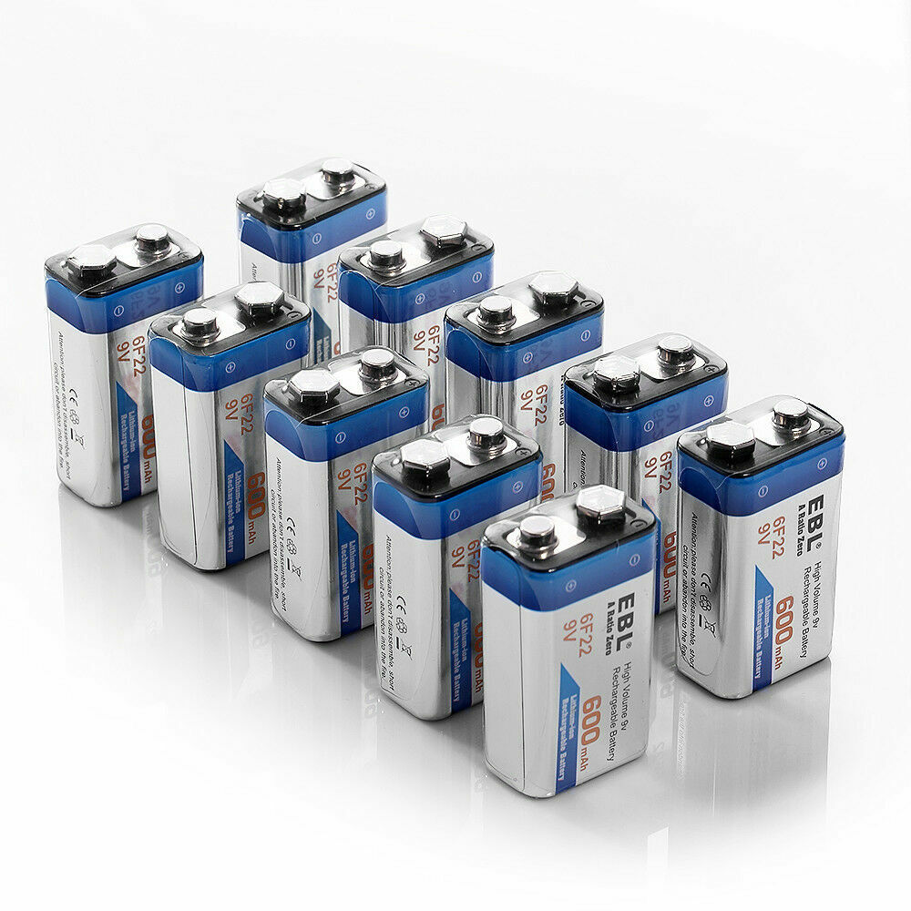 EBL 9V Rechargeable Batteries 9 Volt Lithium ion 600mAh Li-ion ...