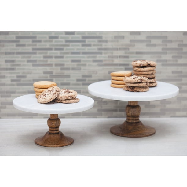 DecMode Modern Round Marble Cake Stand with Carved Wood Base and White ...