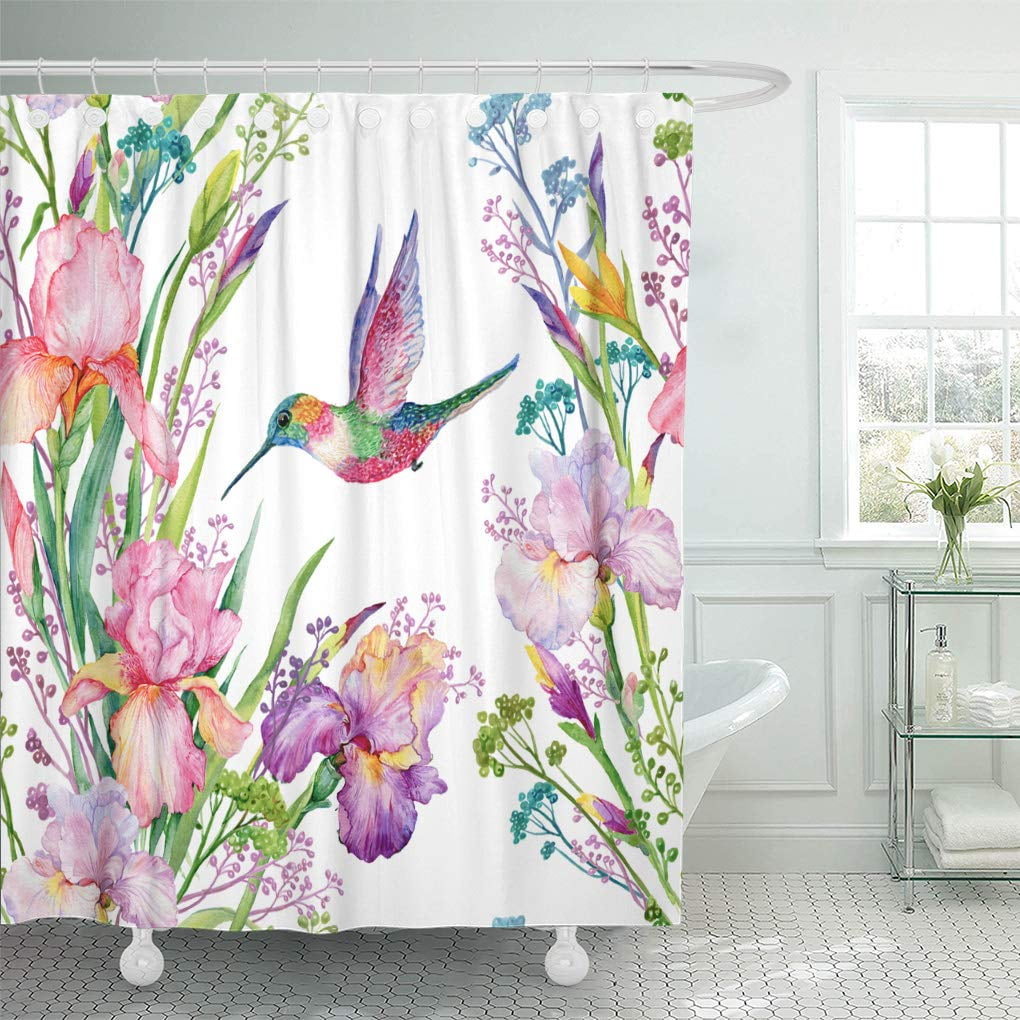 Atabie Blue Irises Flowers And Small Hummingbird Exotic Watercolor