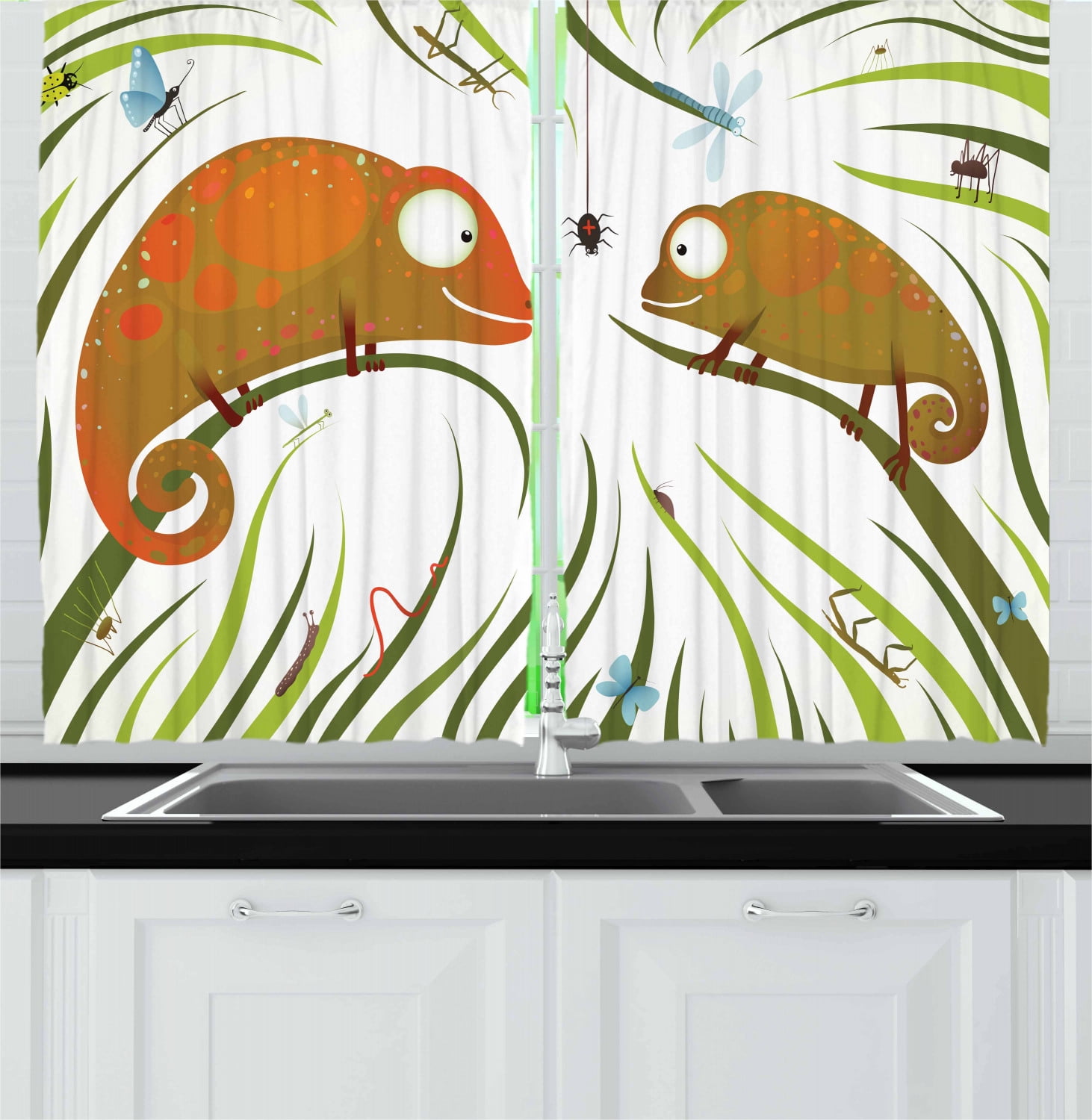 Chameleons Curtains 2 Panels Set, Hungry Animals Grass Looking at ...