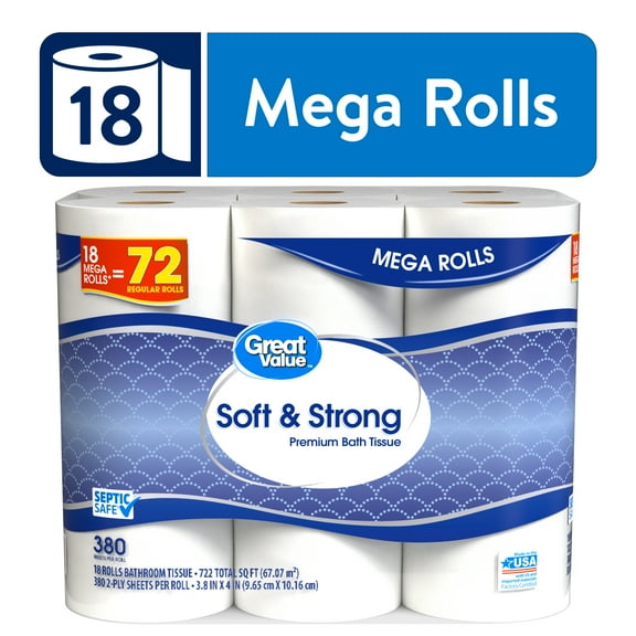 Great Value Soft and Strong Premium Toilet Paper, 12 Mega Rolls, 2-Ply ...