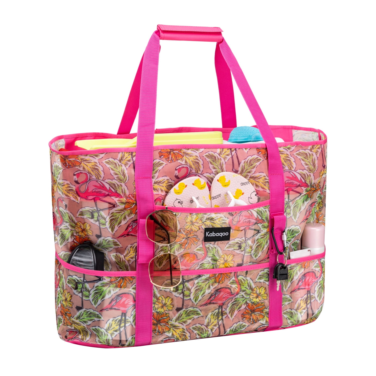 KABAQOO Flamingo Women Extra Large Beach Bag Shop Grocery Bag Mesh Tote ...