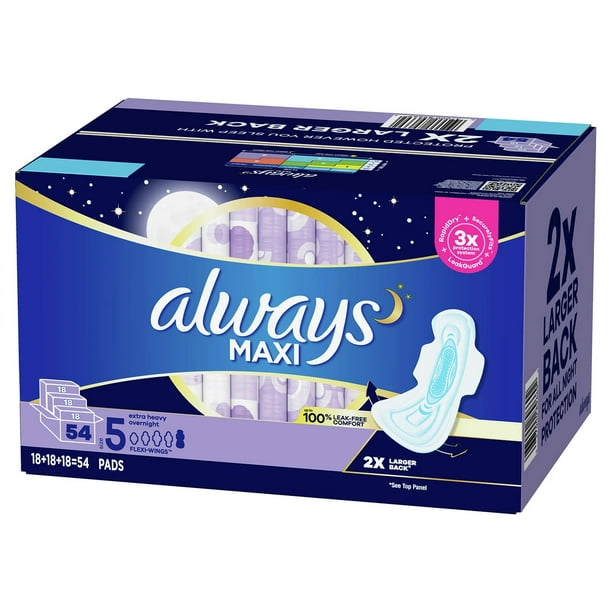 Always Maxi Pads Size 5 Overnight Absorbency Unscented with Wings (54 ...