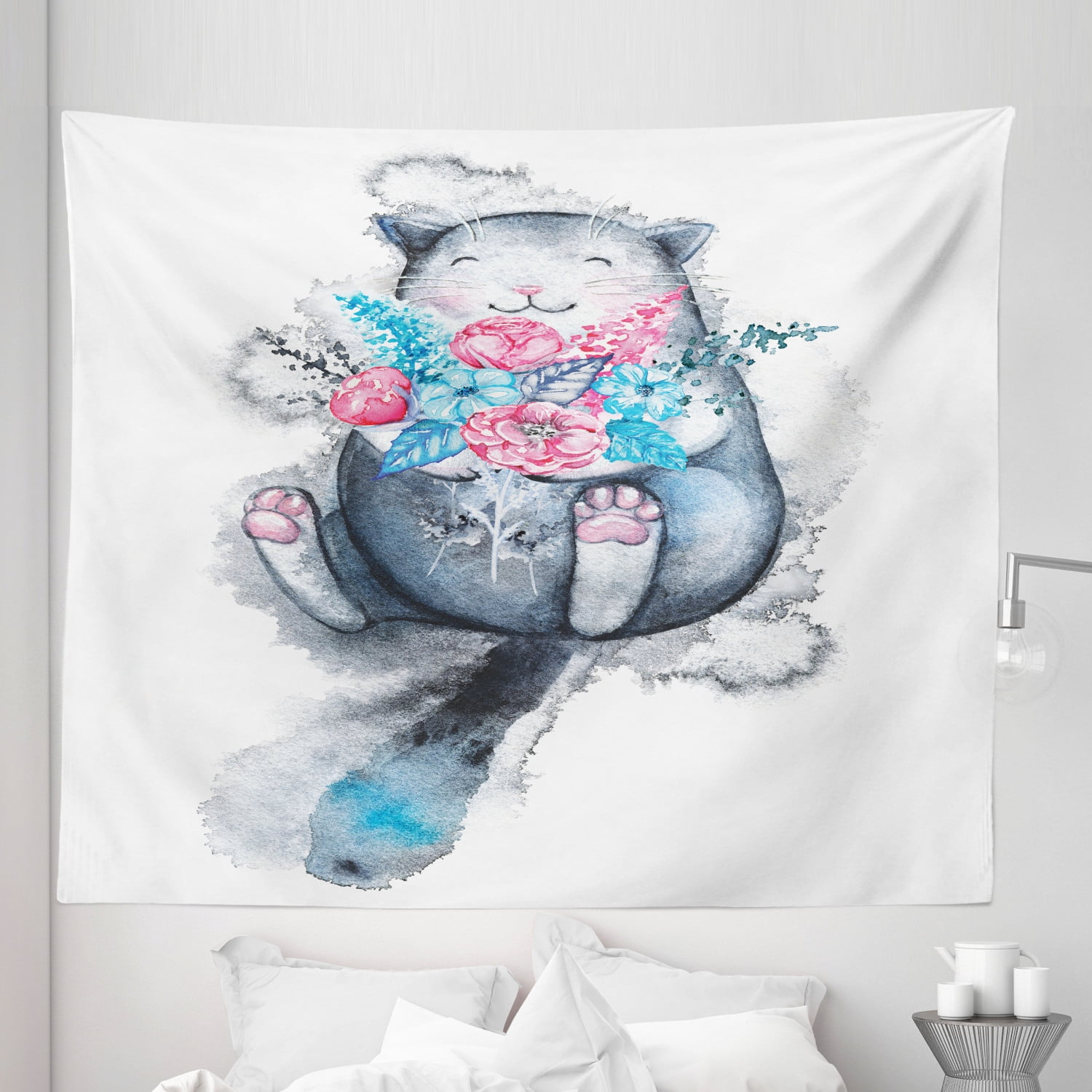 Blue Cat Tapestry, Watercolor Lying Funny Happy Kitten Roll Around ...