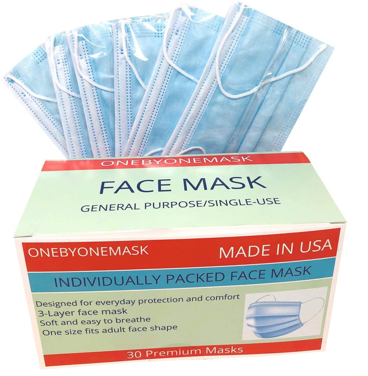 OnebyoneMask 3-Layer Individually Wrapped Packaged Premium Face Mask - Made In USA - Pack of 30 ...