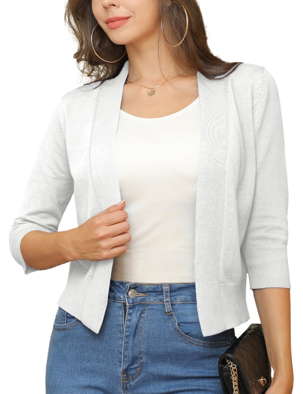 A Jesdani Womens Cropped Cardigans Sweaters 3 4 Sleeve Open Front Short