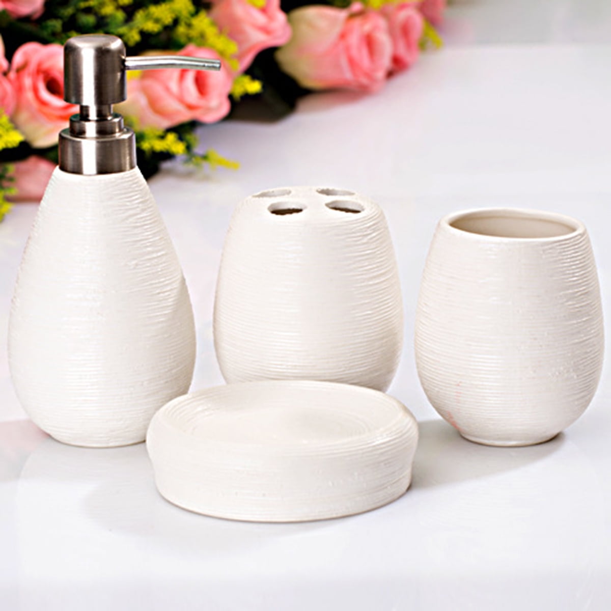 4 Piece Bathroom Accessory Dispenser Set Ceramic Toothbrush Holder Cup