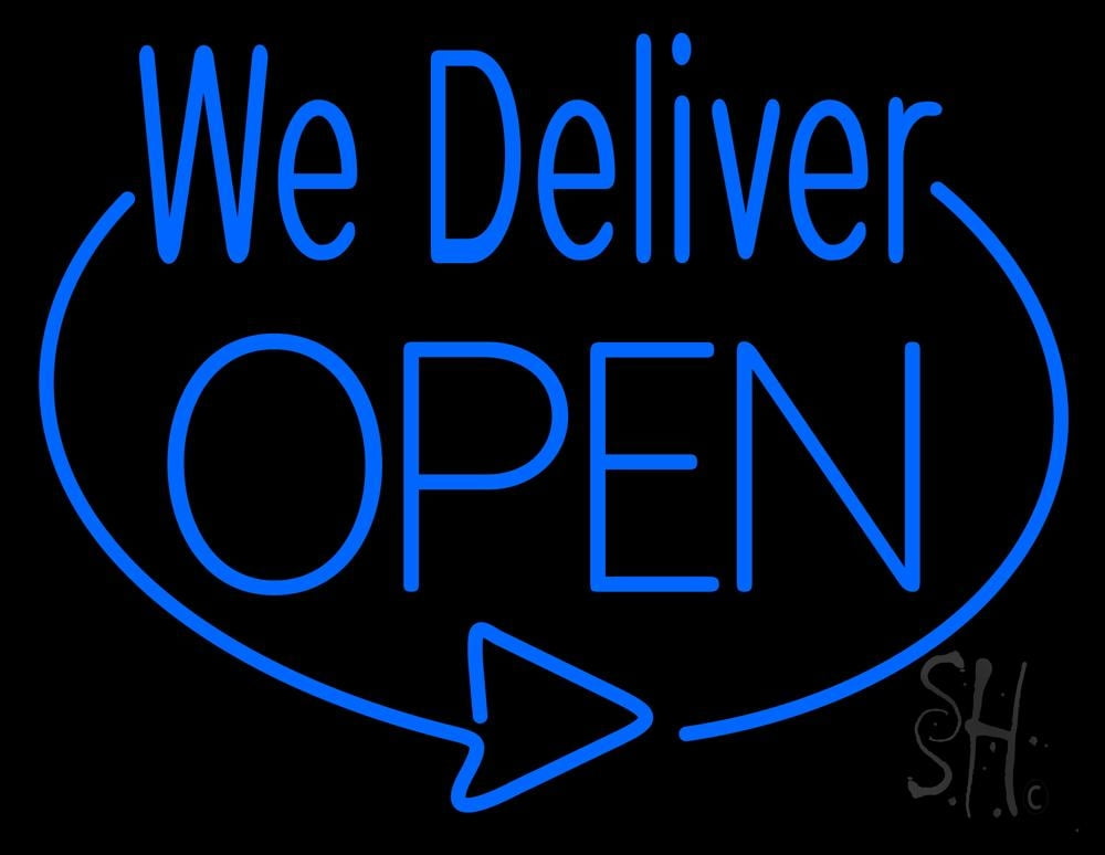 Blue We Deliver Open LED Neon Sign 24 x 31 - inches, Black Square Cut ...