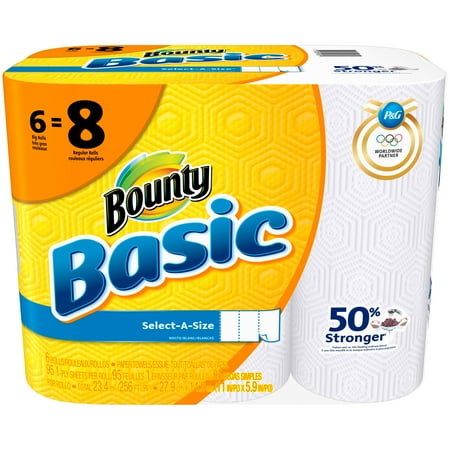 Bounty Basic Select-A-Size Paper Towels, White, 6 Big Rolls = 8 Regular ...
