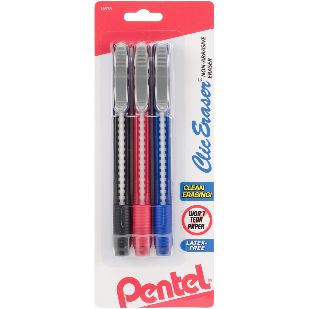 Clic Retractable Erasers 3/Pkg-Black, Red & Blue Barrels | Walmart Canada