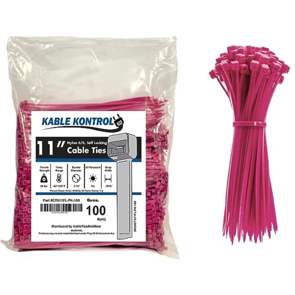Kable Kontrol Zip Ties - 11" Long - 100 Pc Pk - Fluorescent Pink color ...