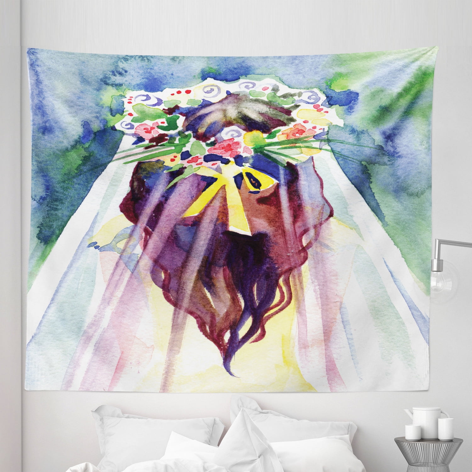 Women Tapestry, Colorful Watercolor Print of Bride with Romantic ...