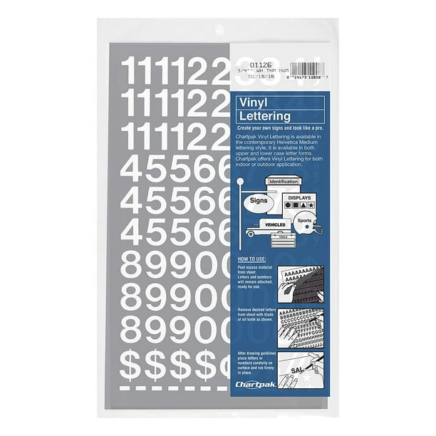 Chartpak Self-Adhesive Vinyl Numbers, 3/4 Inch High, White, 222 per ...