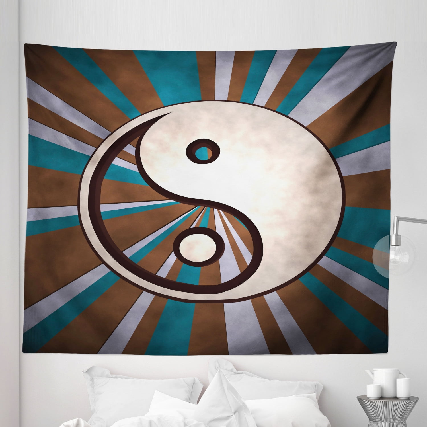 Ying Yang Tapestry, Grungy Retro Striped Sunburst Pattern Hippie Style ...