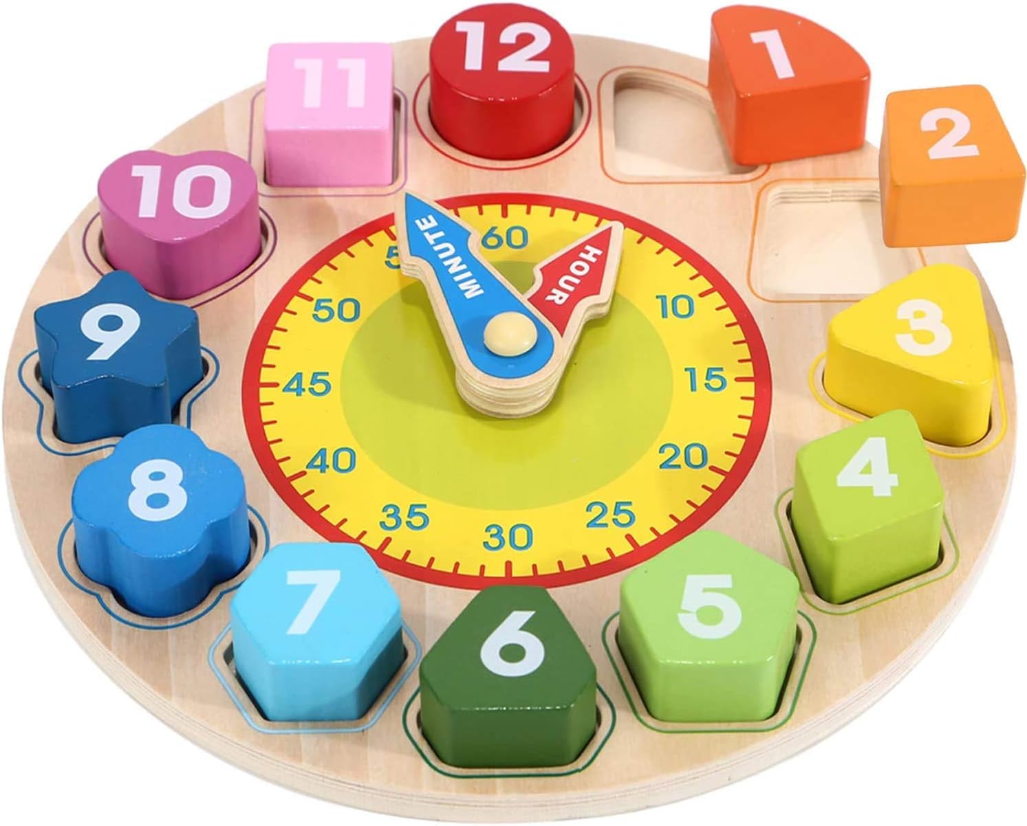 Wooden shape sorting clock toy with numbers and shapes teaching time ...