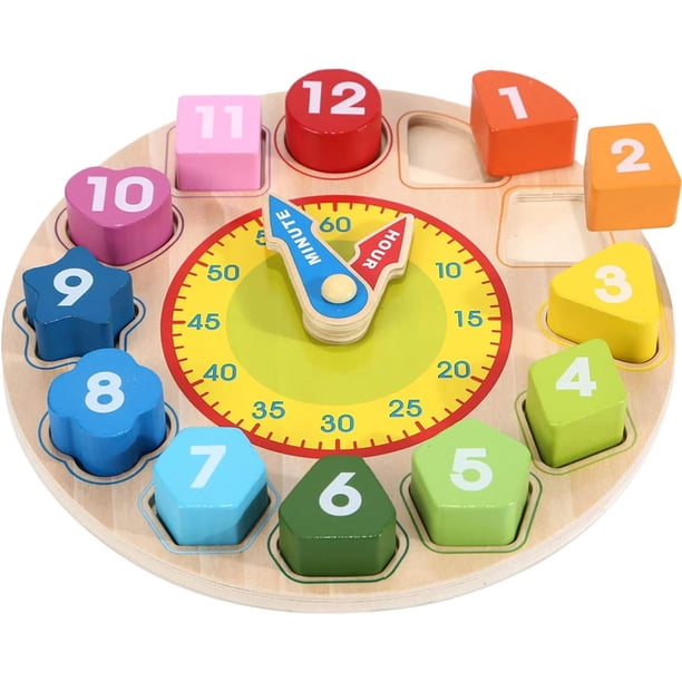 Wooden shape sorting clock toy with numbers and shapes teaching time children educational gift ...