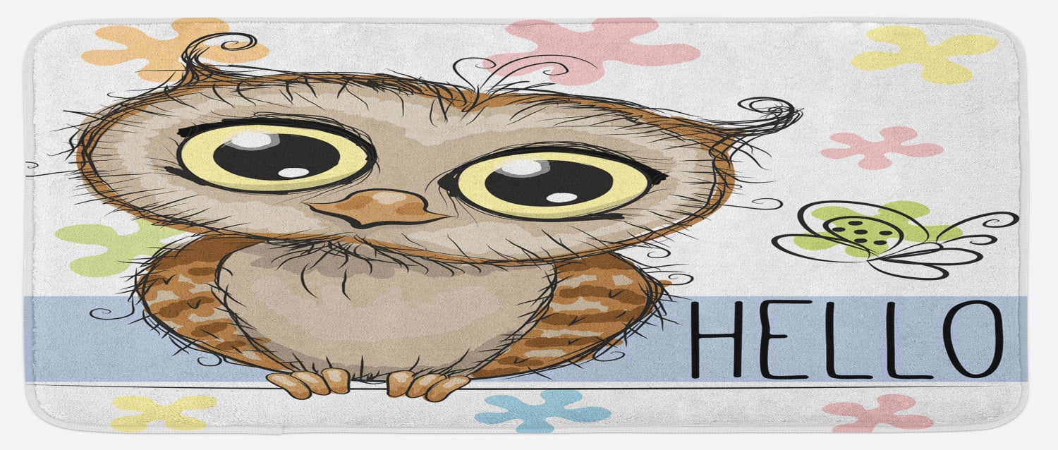 Owls Kitchen Mat, Cartoon Owl and a Butterfly on Floral Background ...